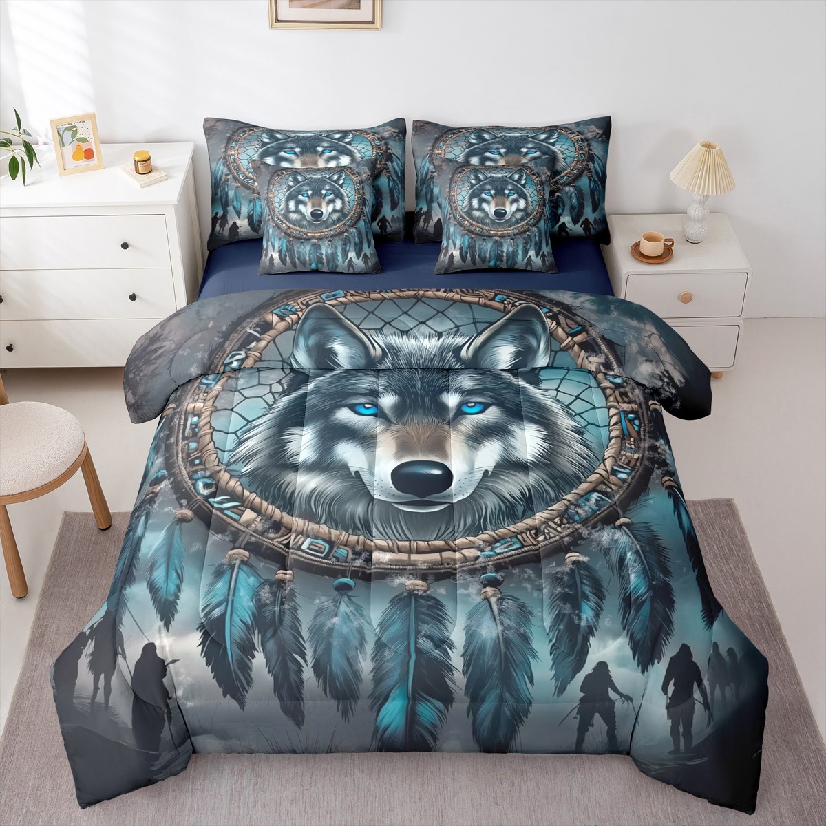 Manfei 3D Wolf Bedding Comforter Set 7pcs for Kids, Dreamy Moon Galaxy ...