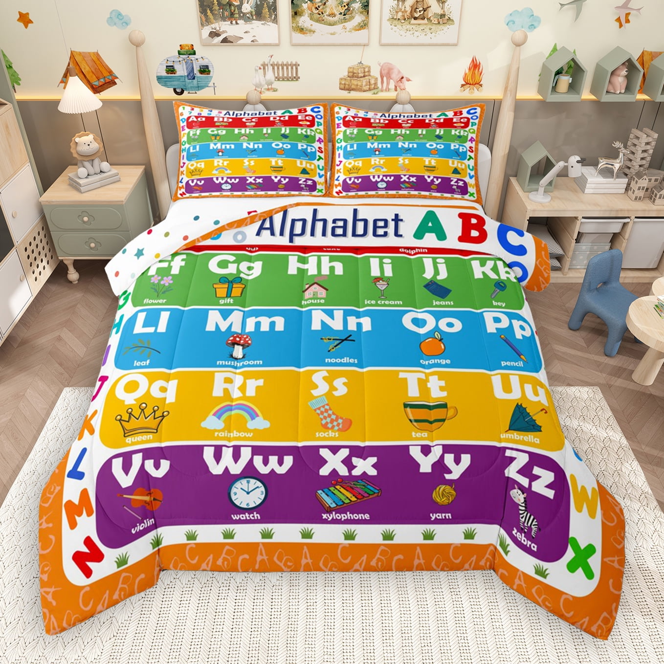 Manfei Abc Alphabet Queen Comforter Set,Learning Alphabet Bedding Sets ...