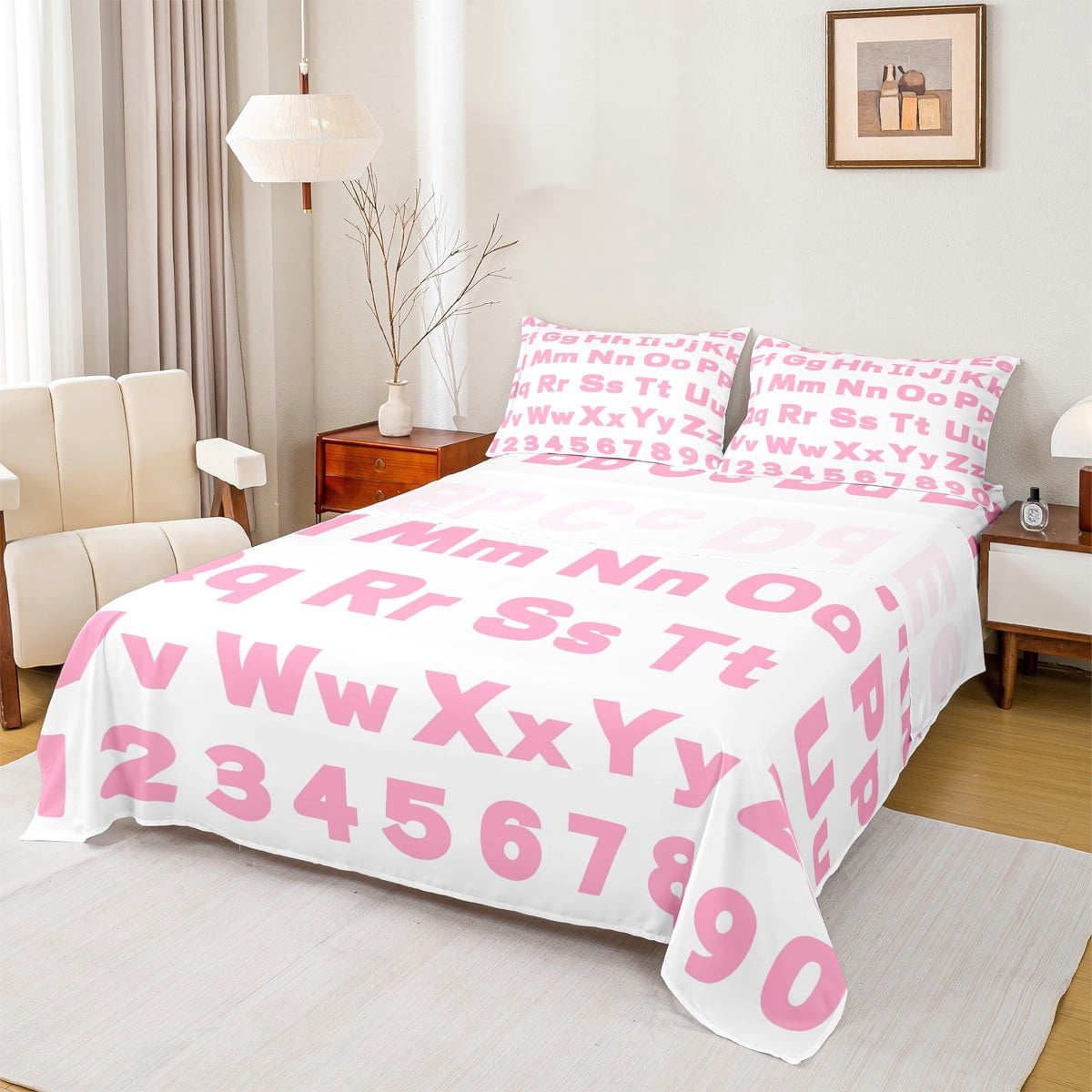 Manfei ABC Alphabet Twin Sheet Set (3-Piece) Learning Pink White Luxury ...