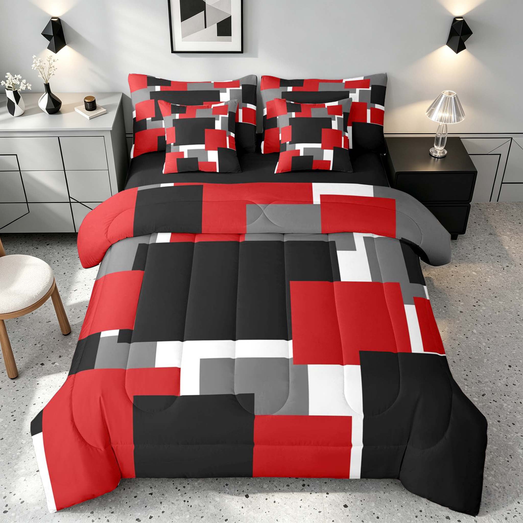 Manfei Abstract Block King Bedding, Modern Square King Bed in a Bag ...
