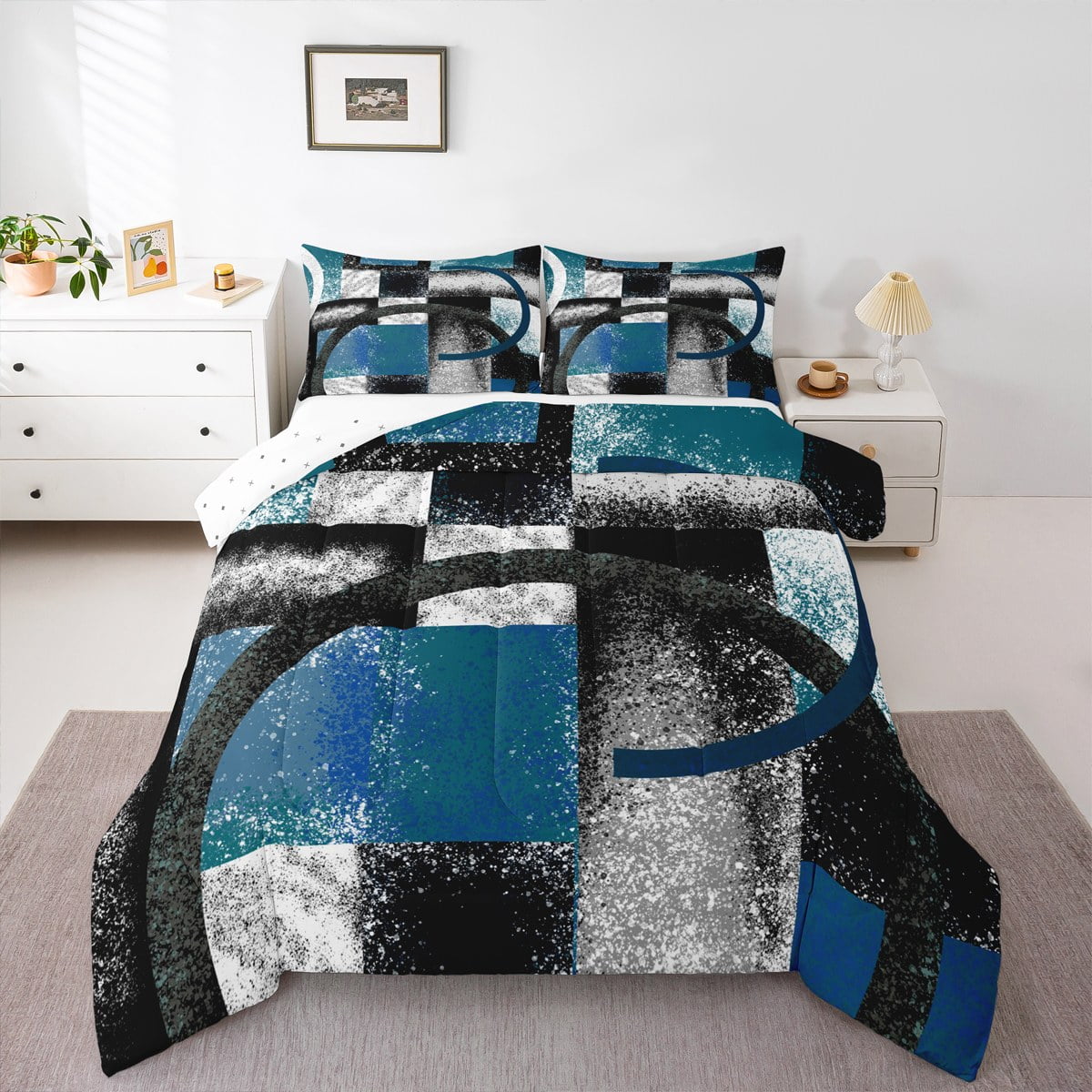 Manfei Abstract Geometric Bedding Queen Comforter Set, Steel Blue Down ...