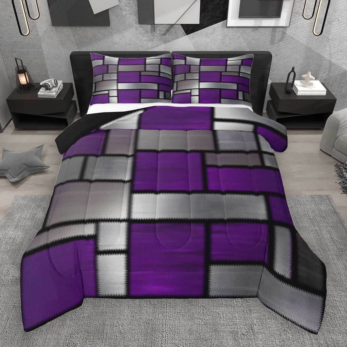 Manfei Abstract Geometric Checkered Bedding Comforter Set,Modern 3D ...