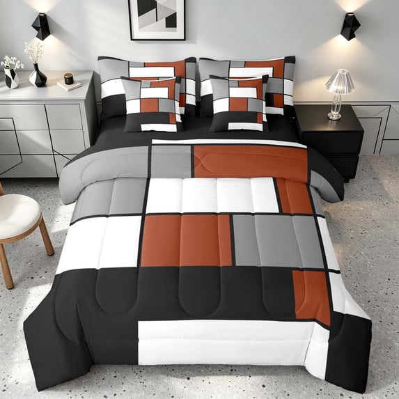 Manfei Abstract Grid King Bedding, Rust Checkered King Bed in a Bag ...