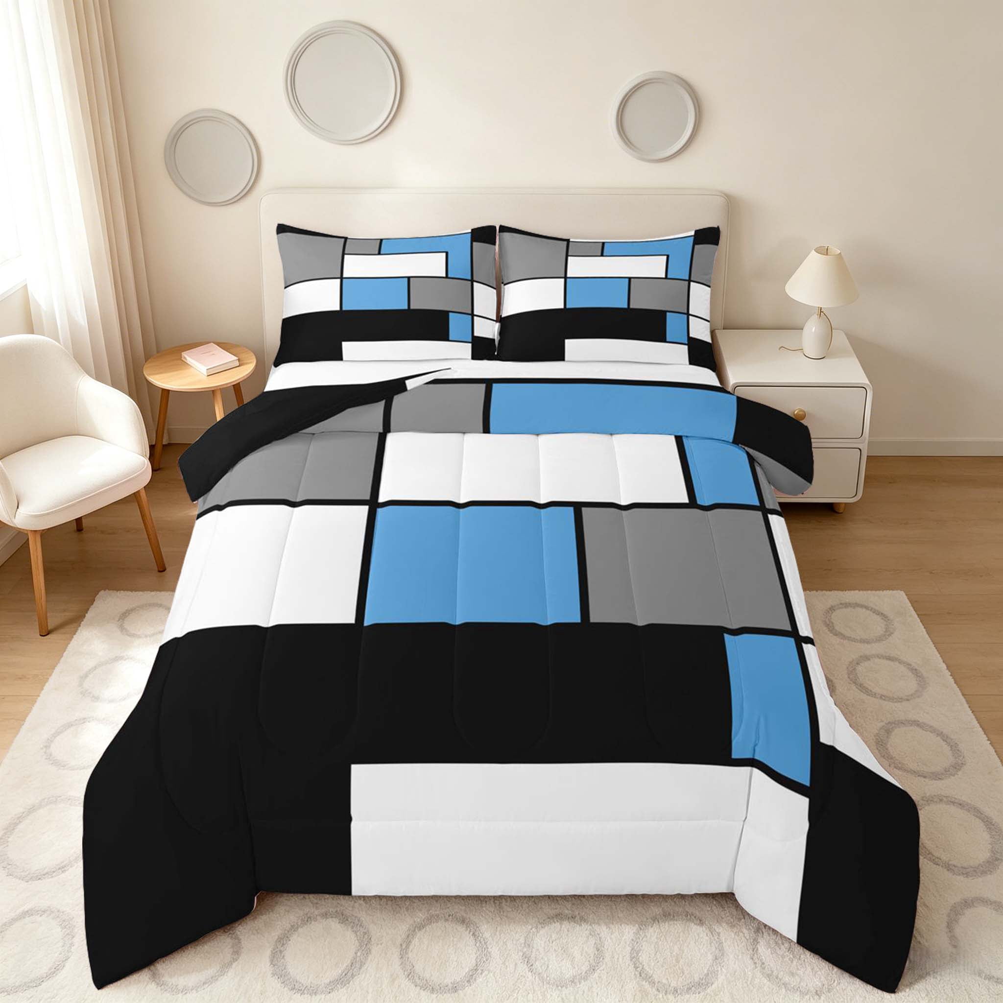 Manfei Abstract Grid Queen Comforter Set, Light Blue Checkered ...