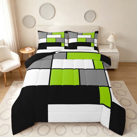 Manfei Abstract Grid Queen Comforter Set, Lime Green Checkered ...