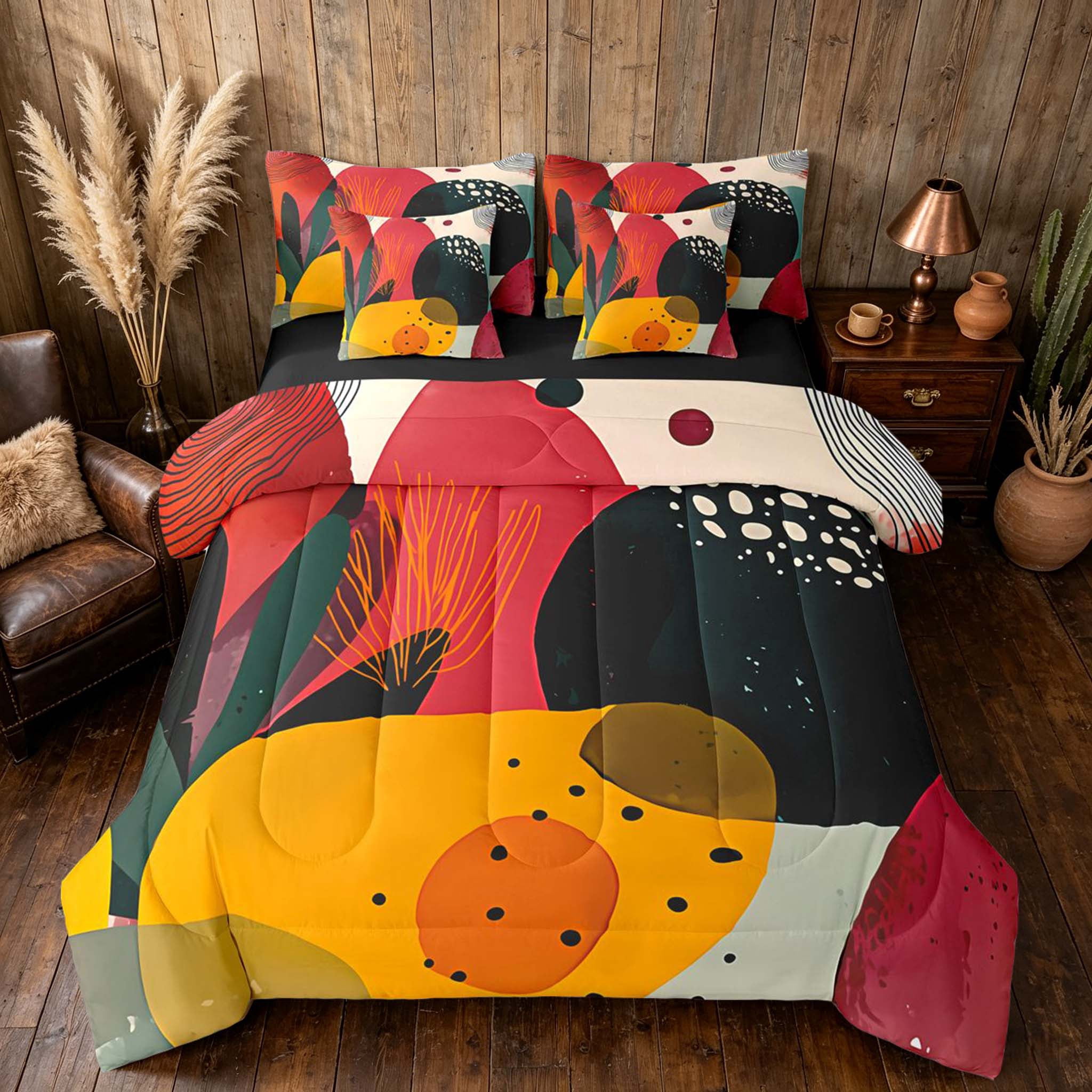 Manfei Abstract Mid-Century Full Size Bedding Sets, Minimalist Leaf ...