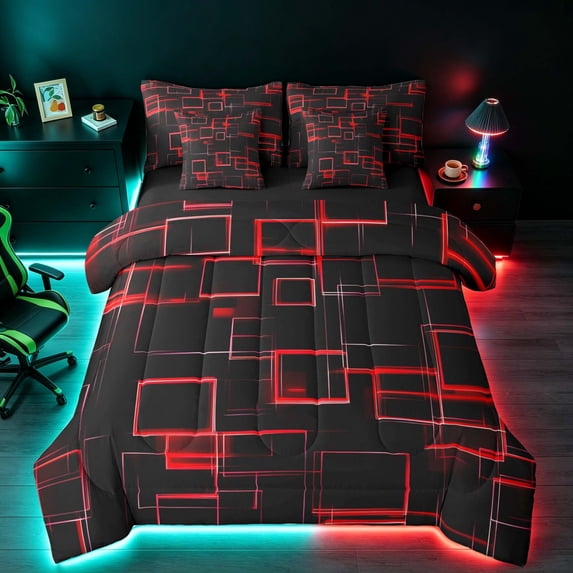 Manfei Abstract Neon Square Full Size Bedding Sets, Geometric Line Full ...