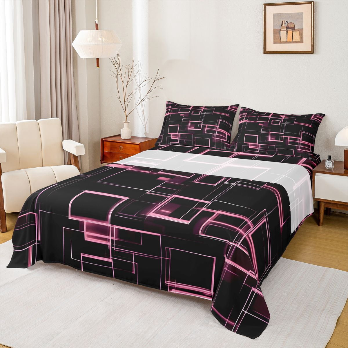 Manfei Abstract Neon Square Queen Sheets, Geometric Line Queen Sheet ...
