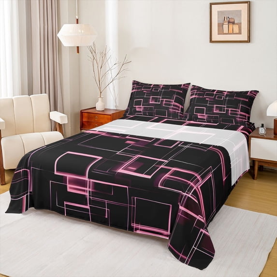 Manfei Abstract Neon Square Queen Sheets, Geometric Line Queen Sheet ...