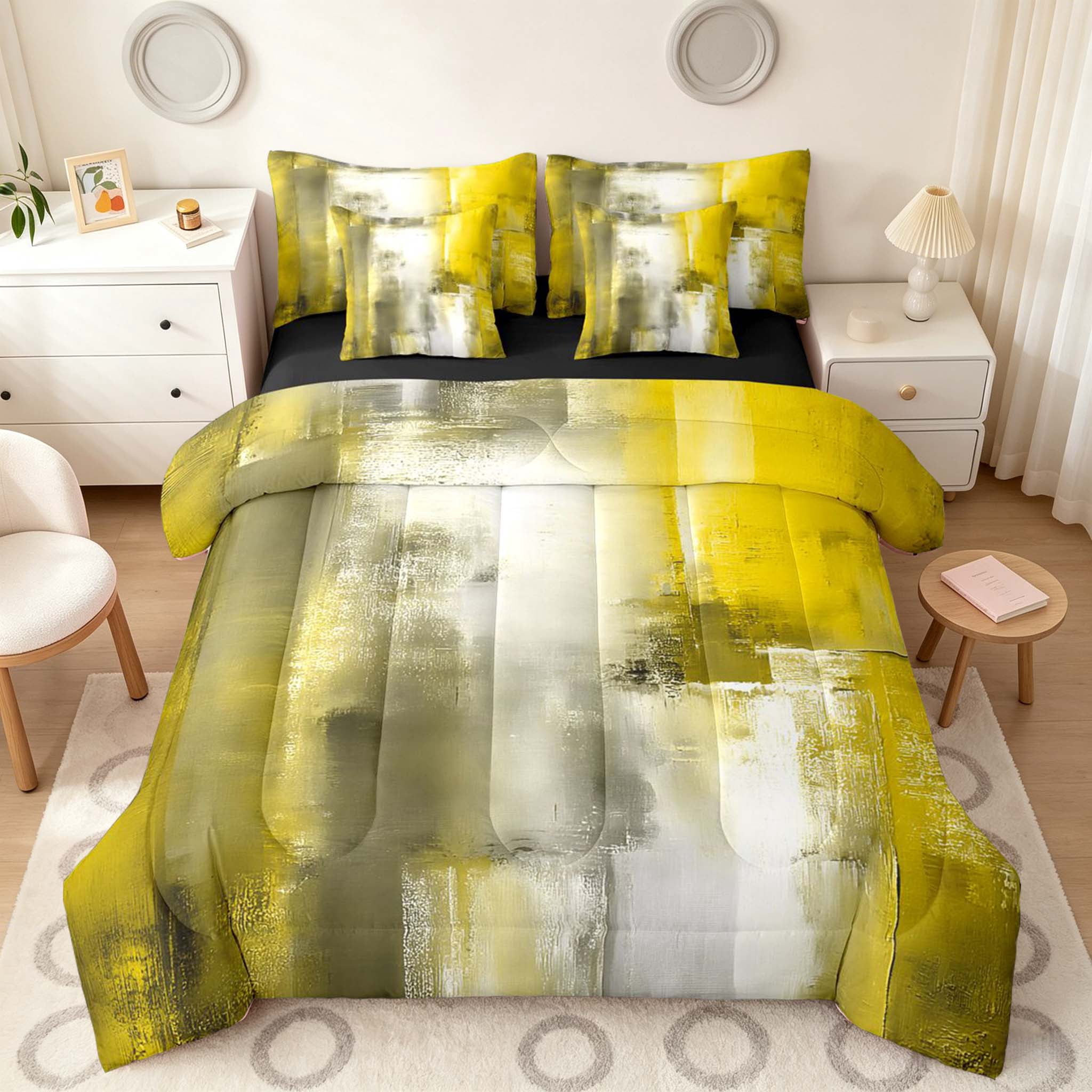 Manfei Abstract Oil Painting King Bedding, Yellow Gray Brushstroke King ...