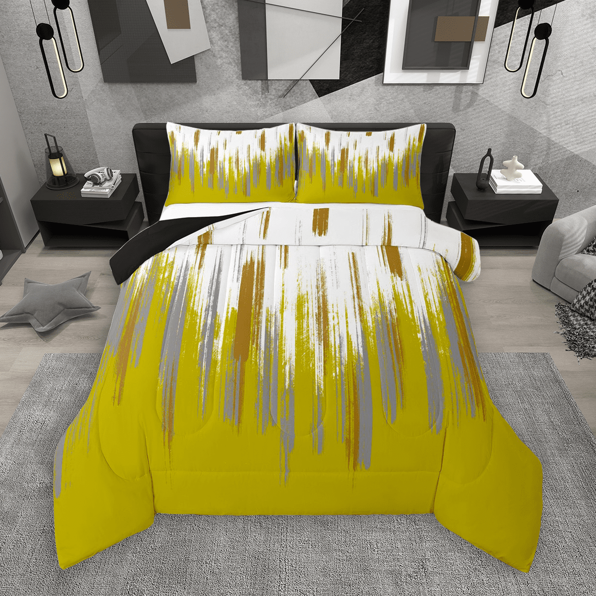 Manfei Abstract Oil Painting Queen Comforter Set 3 Pieces, Yellow Gold ...