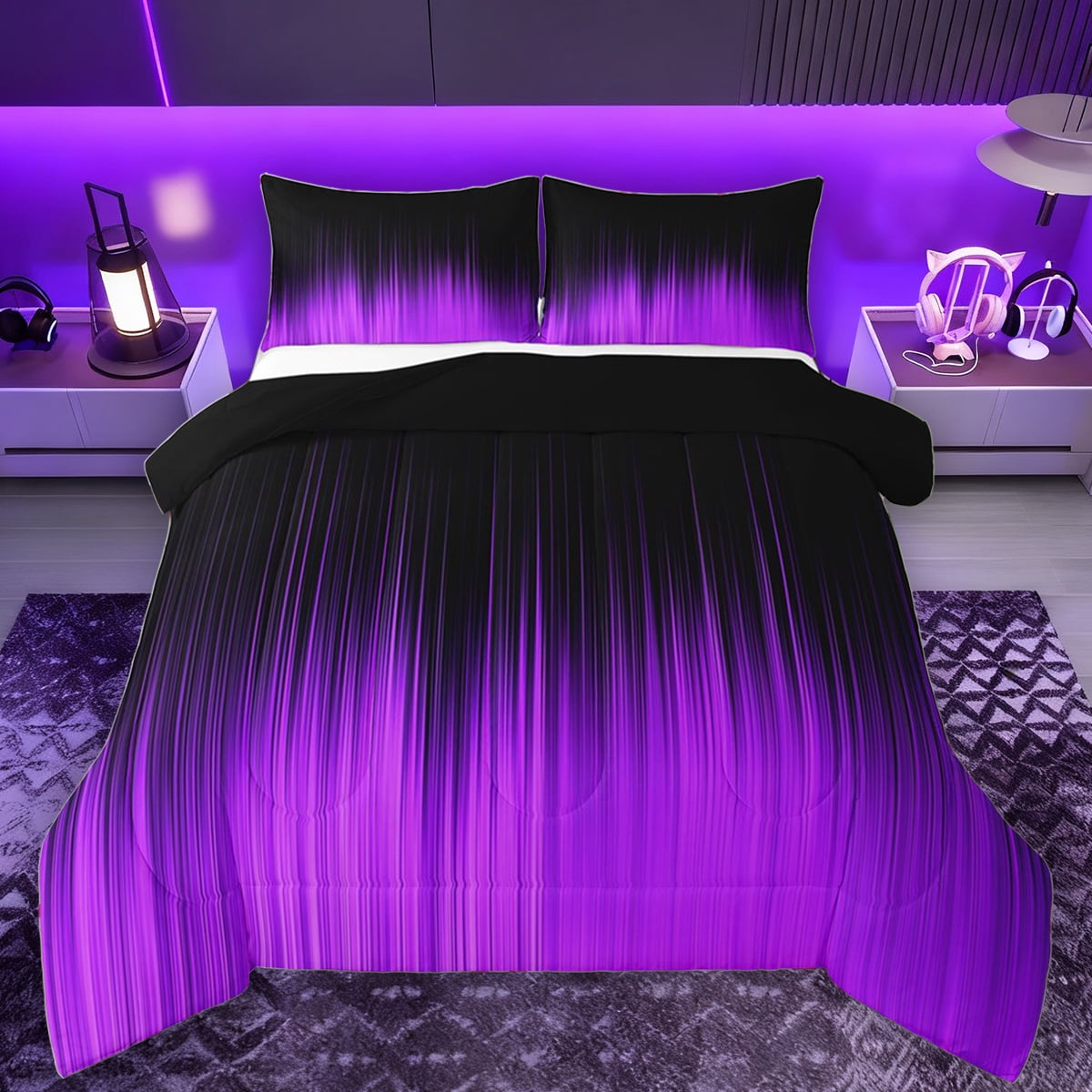 Manfei Abstract Ombre Women Queen Comforter Set, Black Purple Artwork ...