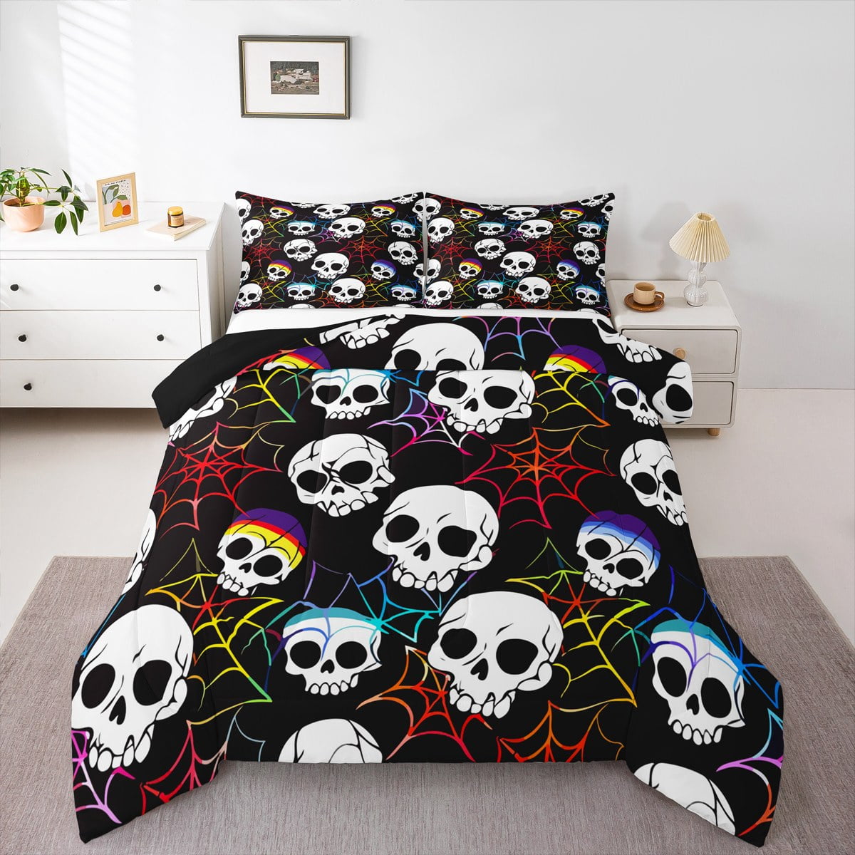 Manfei Abstract Skull 3pcs King Size Comforter Sets,Spider Web Bedding ...