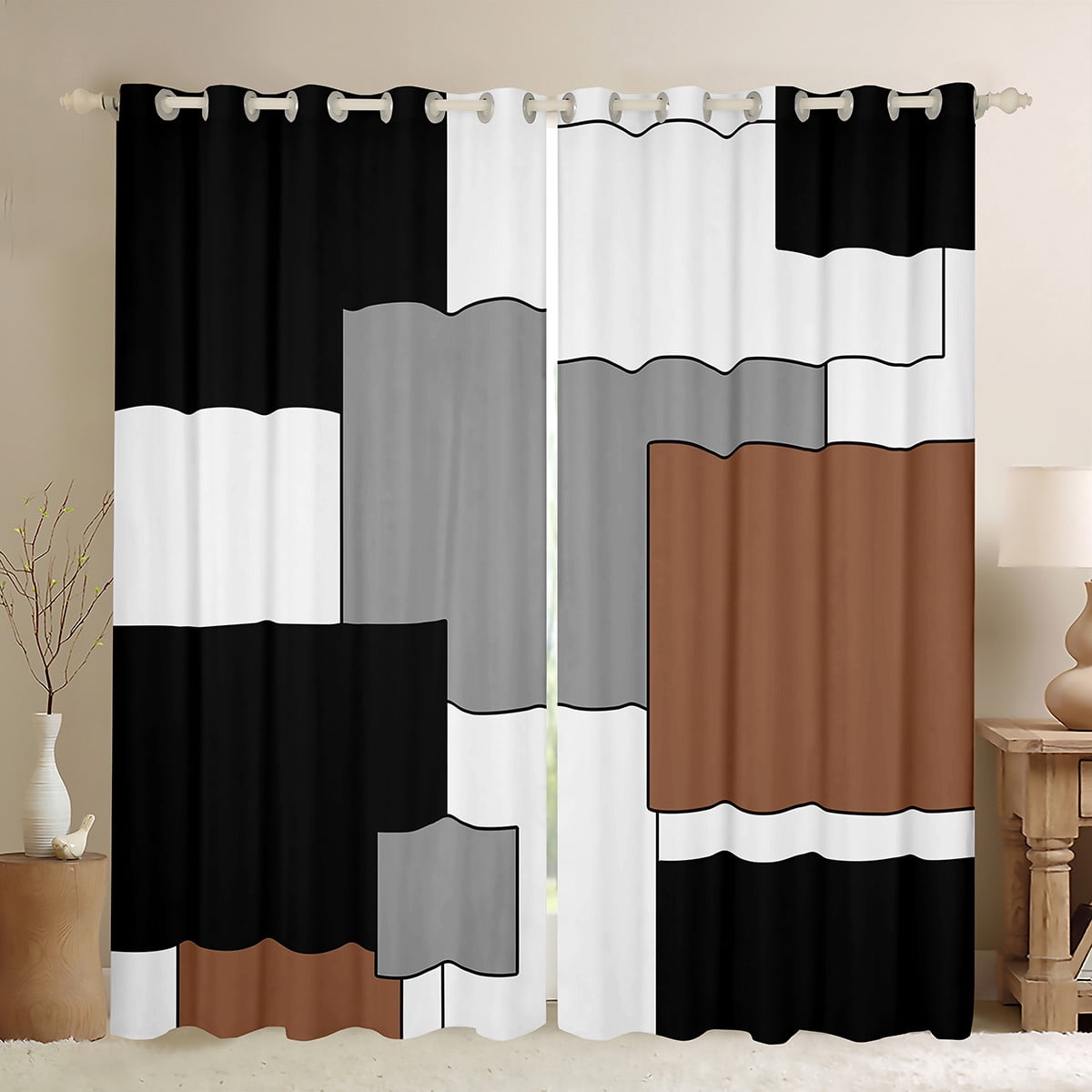 Manfei Abstract Square Curtains and Drapes,Geometric Rectangle Black ...