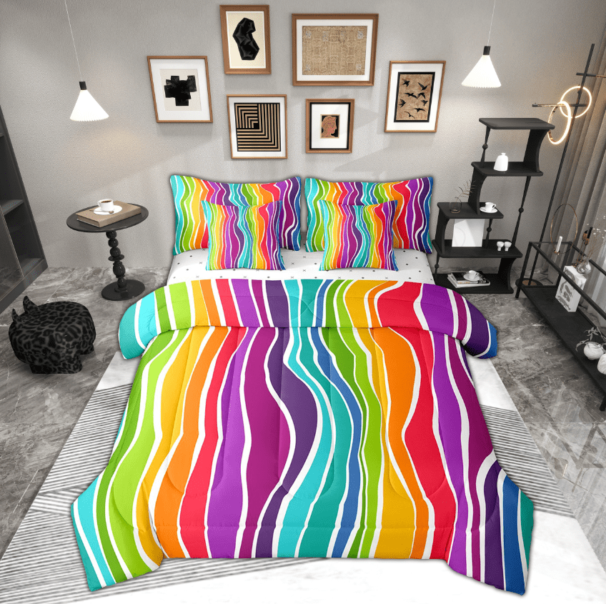 Manfei Abstract Stripes Bedding Sets Twin Size, Colorful Rainbow Bed in ...
