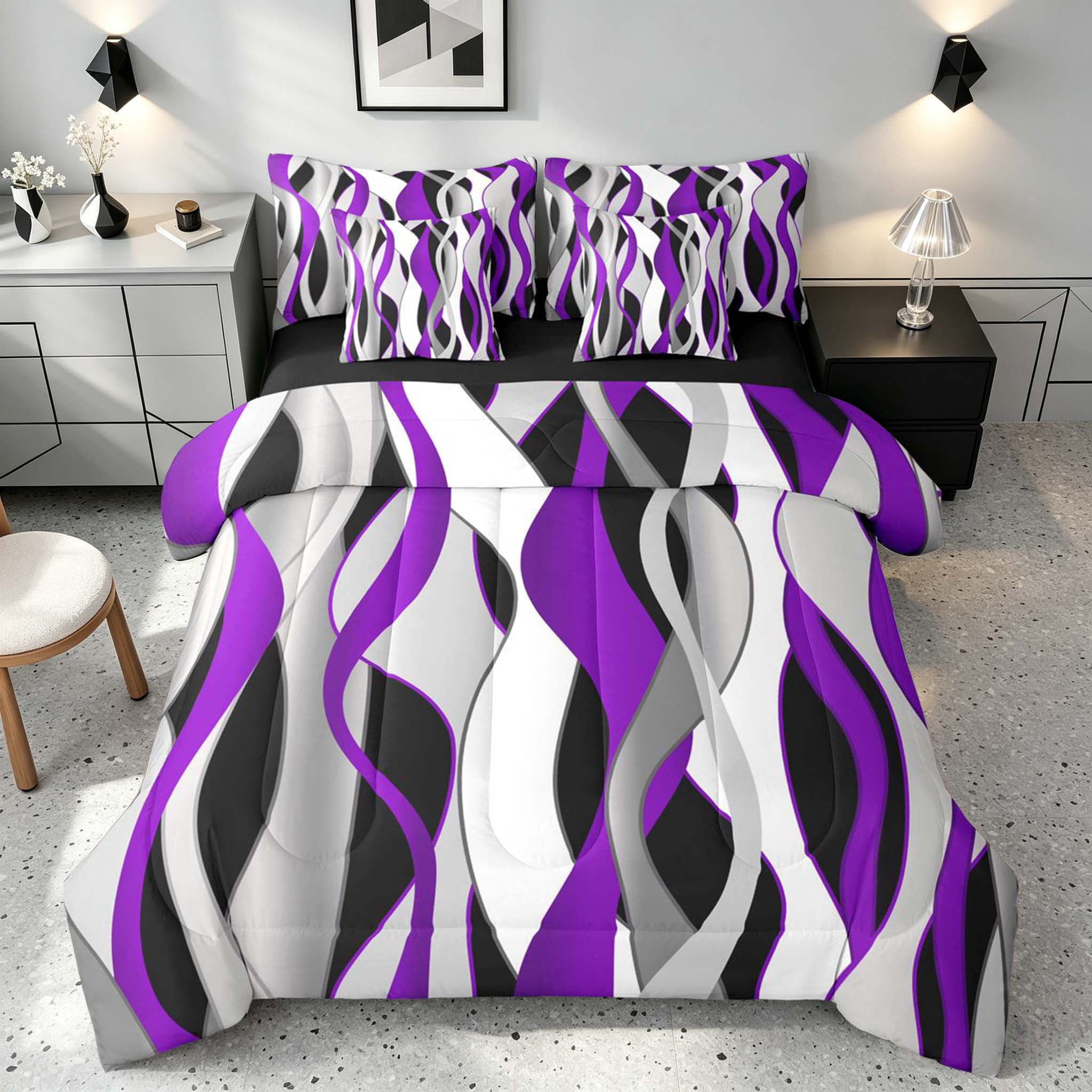 Manfei Abstract Wave Stripe King Bedding, Geometric Line King Bed in a ...