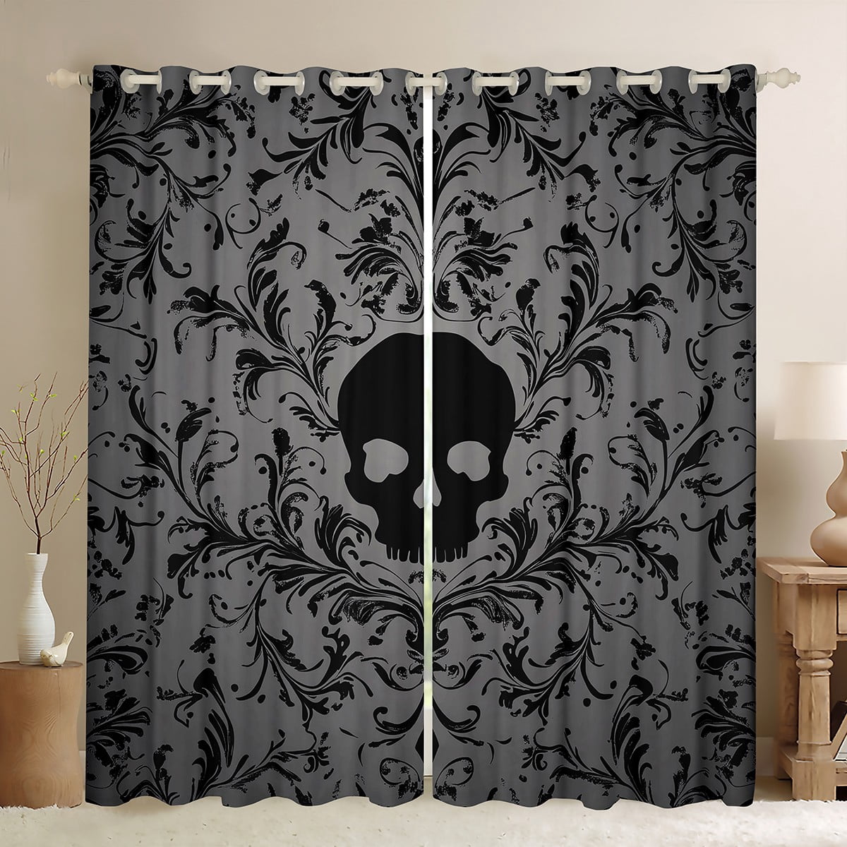 Manfei Adult Damask Skull Black Out Curtains, Hippie Gothic Skeleton ...