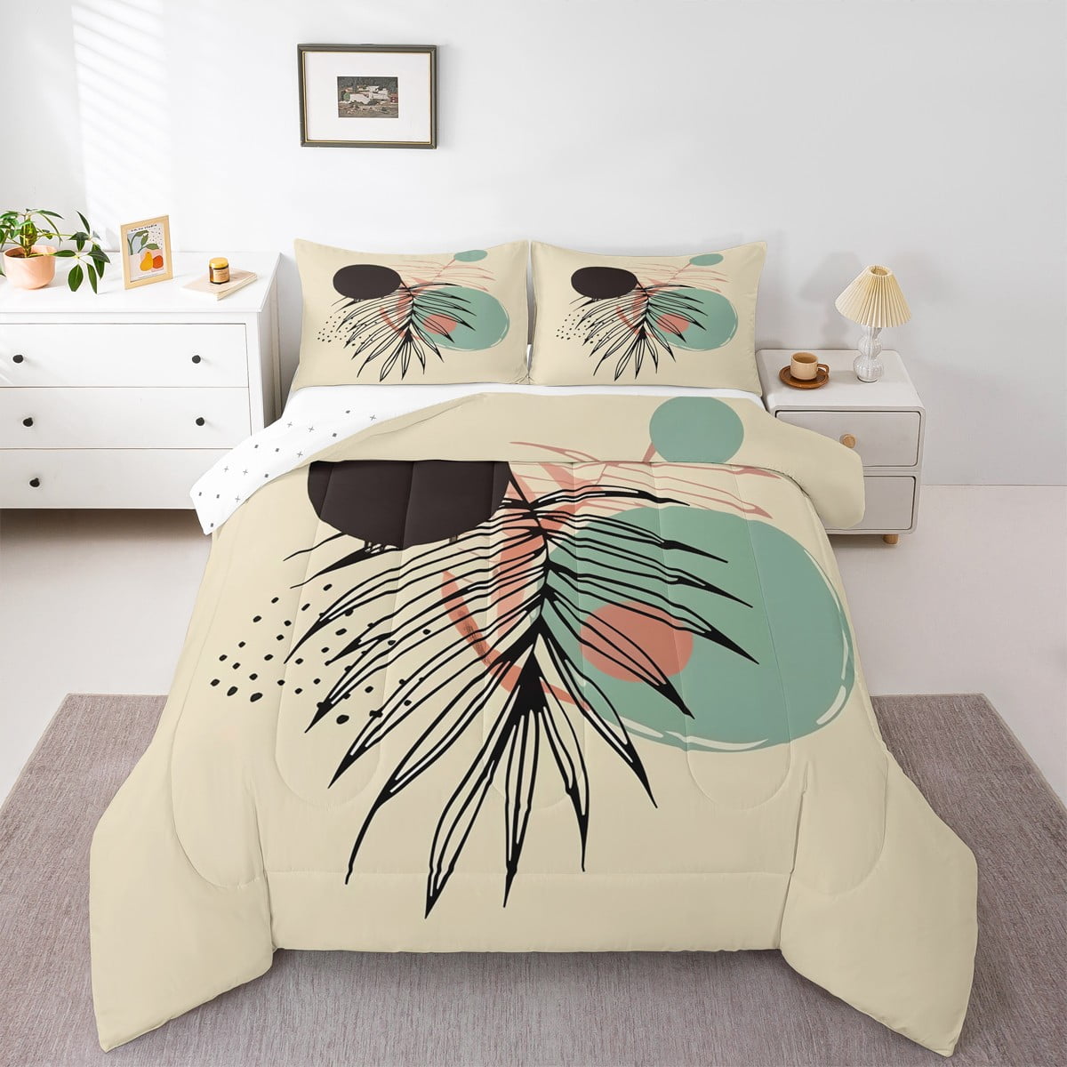 Manfei Adult Leaf Plant Bedding Comforter Set, Mid Century Fashion Twin ...