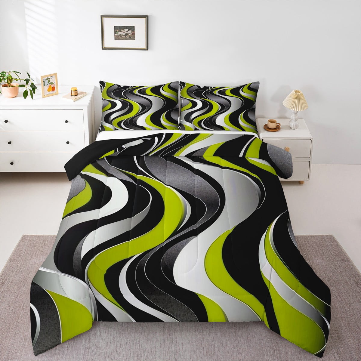 Manfei Adult Modern Geometric Bedding Comforter Set, Green Yellow ...