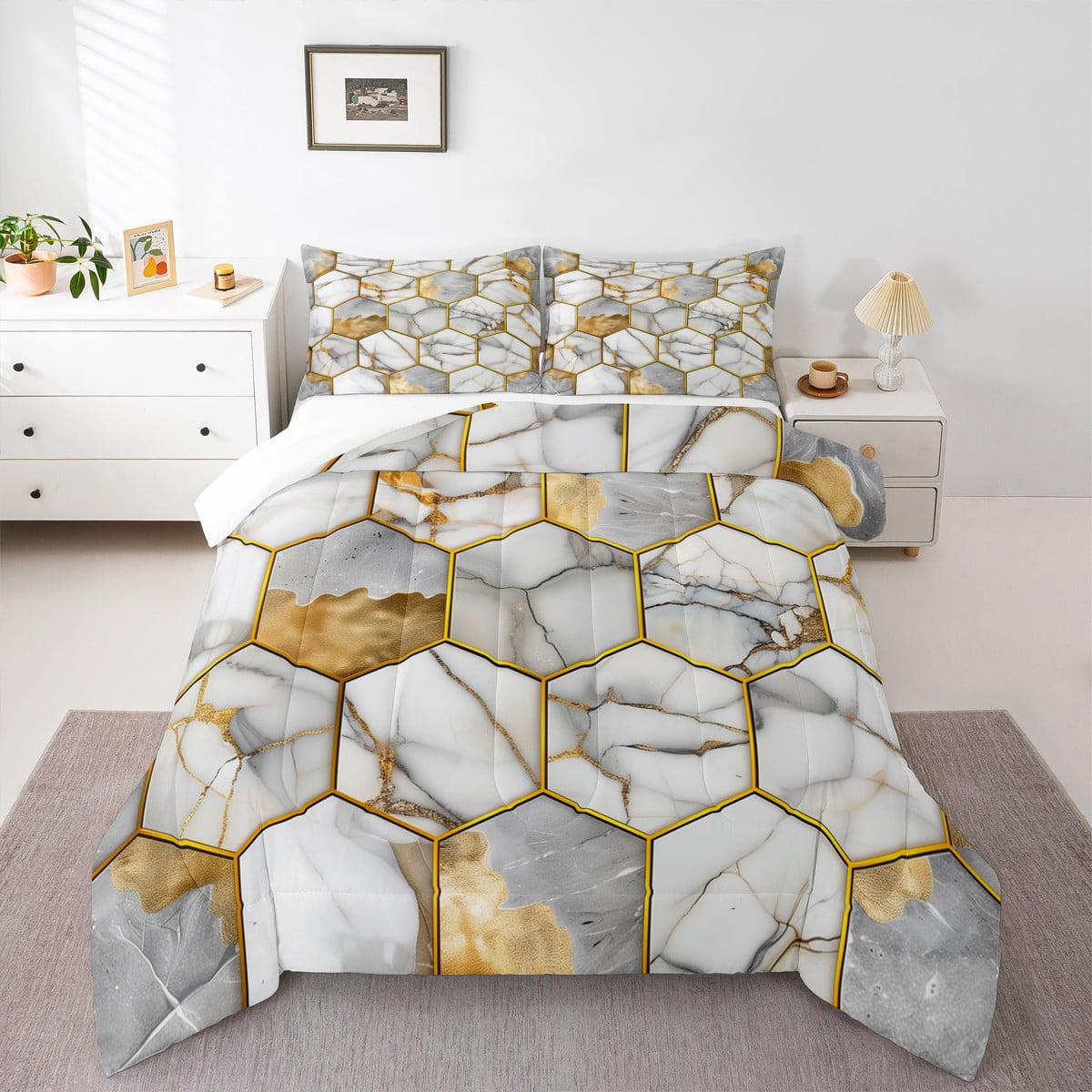 Manfei Aesthetic Geometric Hockeycomb King Size Comforter Sets,Abstract ...