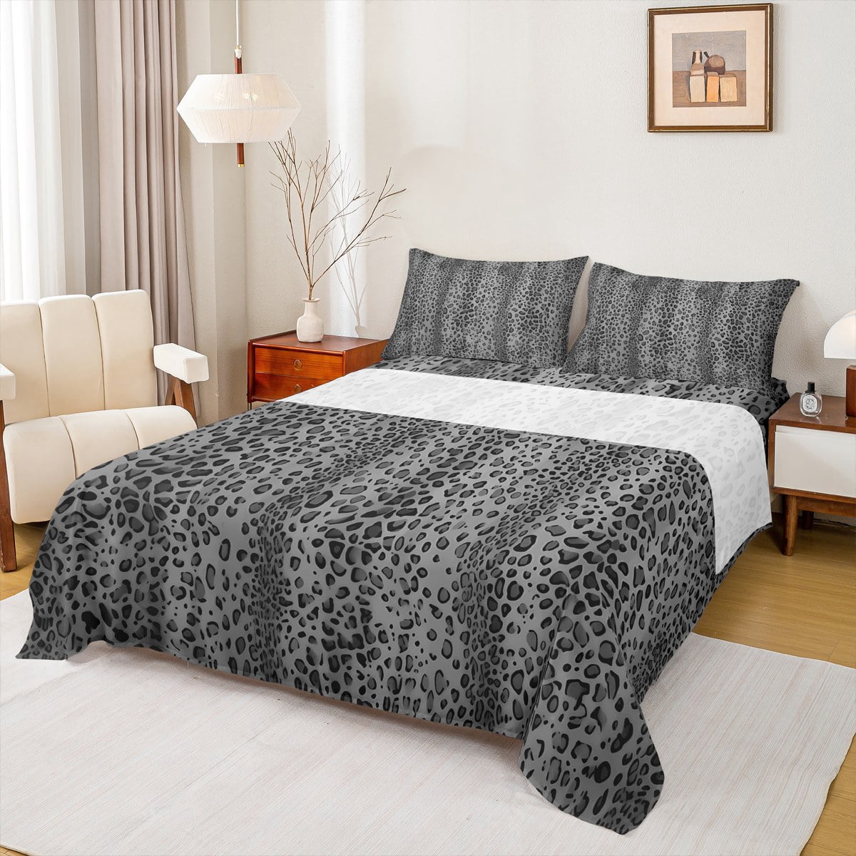 Manfei Aesthetic Gray Queen Sheet Sets 4 Pieces, Cheetah Leopard Print ...