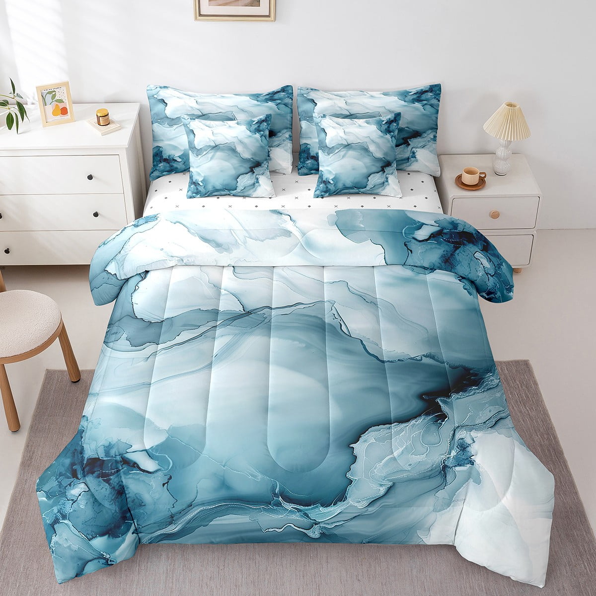 Manfei Aesthetic Marble 7-Piece Bedding Comforter Set,Luxury Style King ...