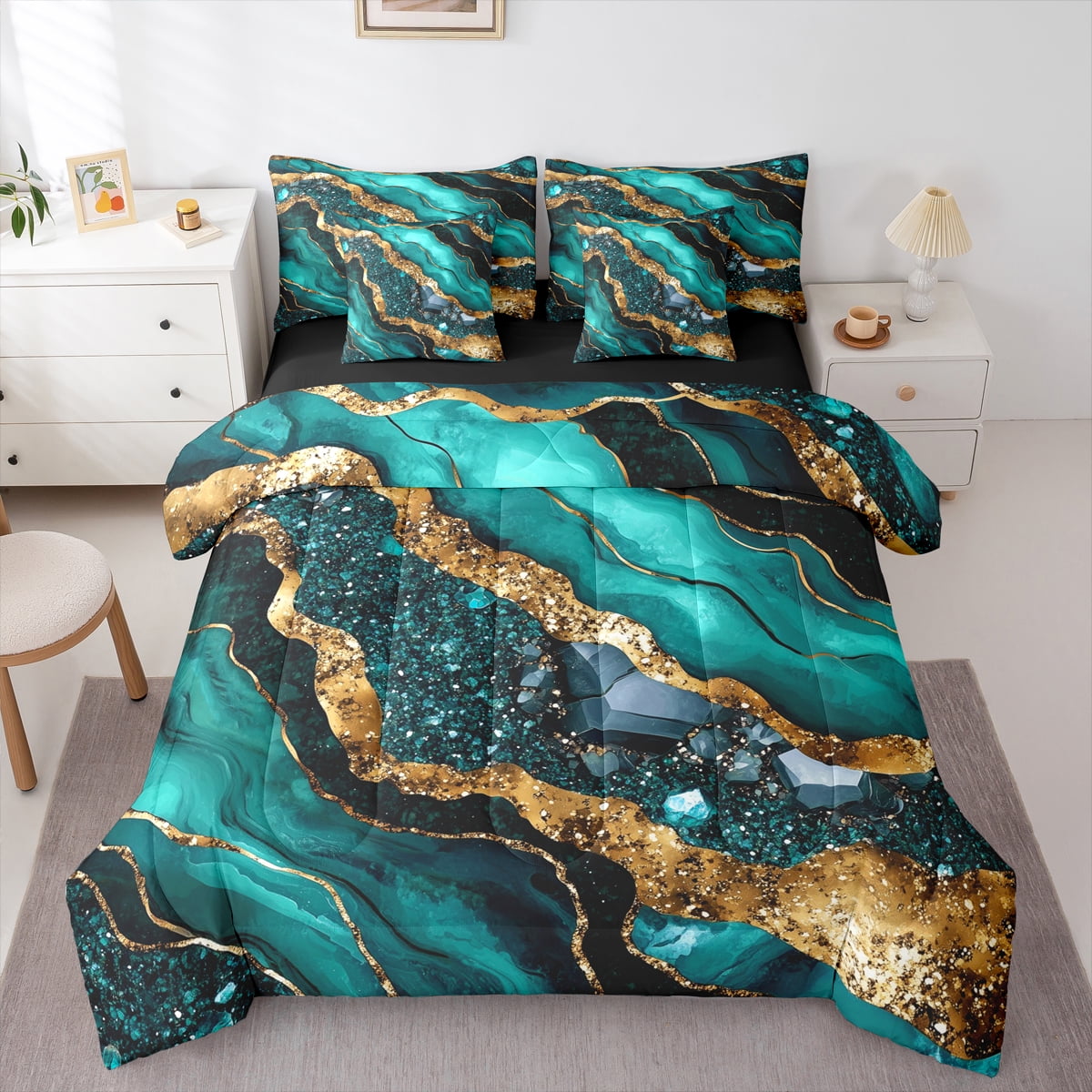 Manfei Aesthetic Marble 7-Piece Bedding Comforter Set,Luxury Style King ...