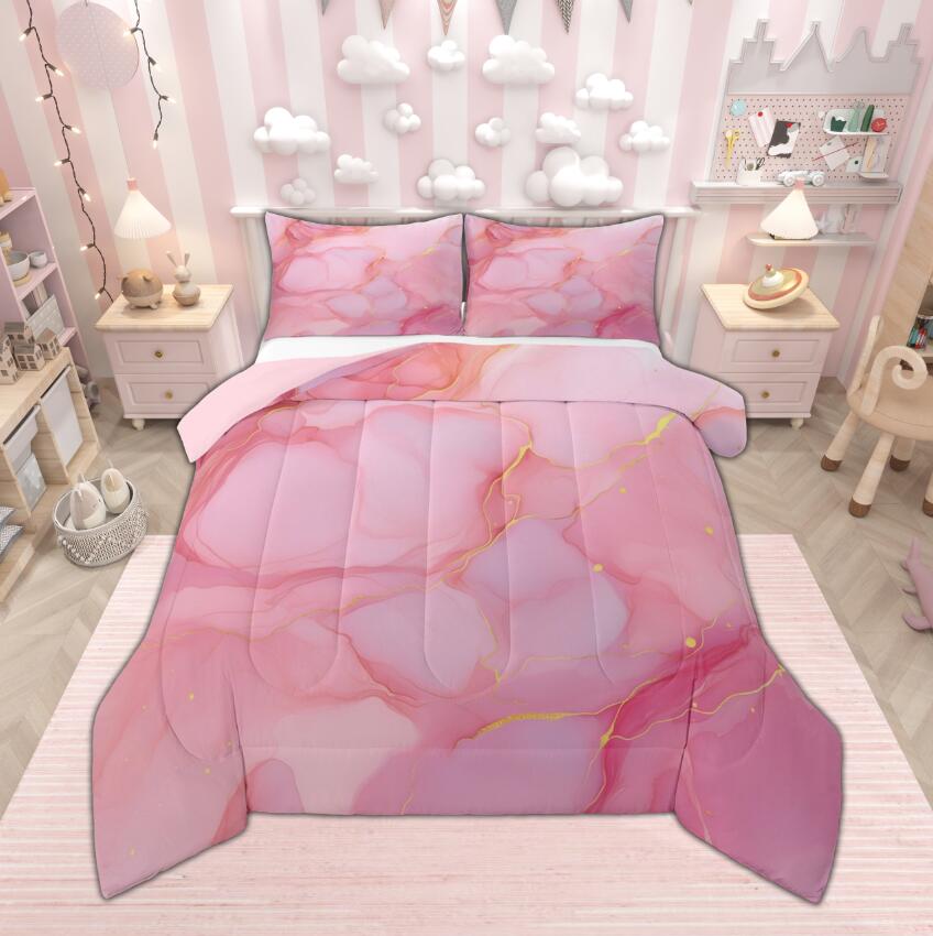 Manfei Aesthetic Marble Bedding Comforter Set for Girls, Pink Marbling ...