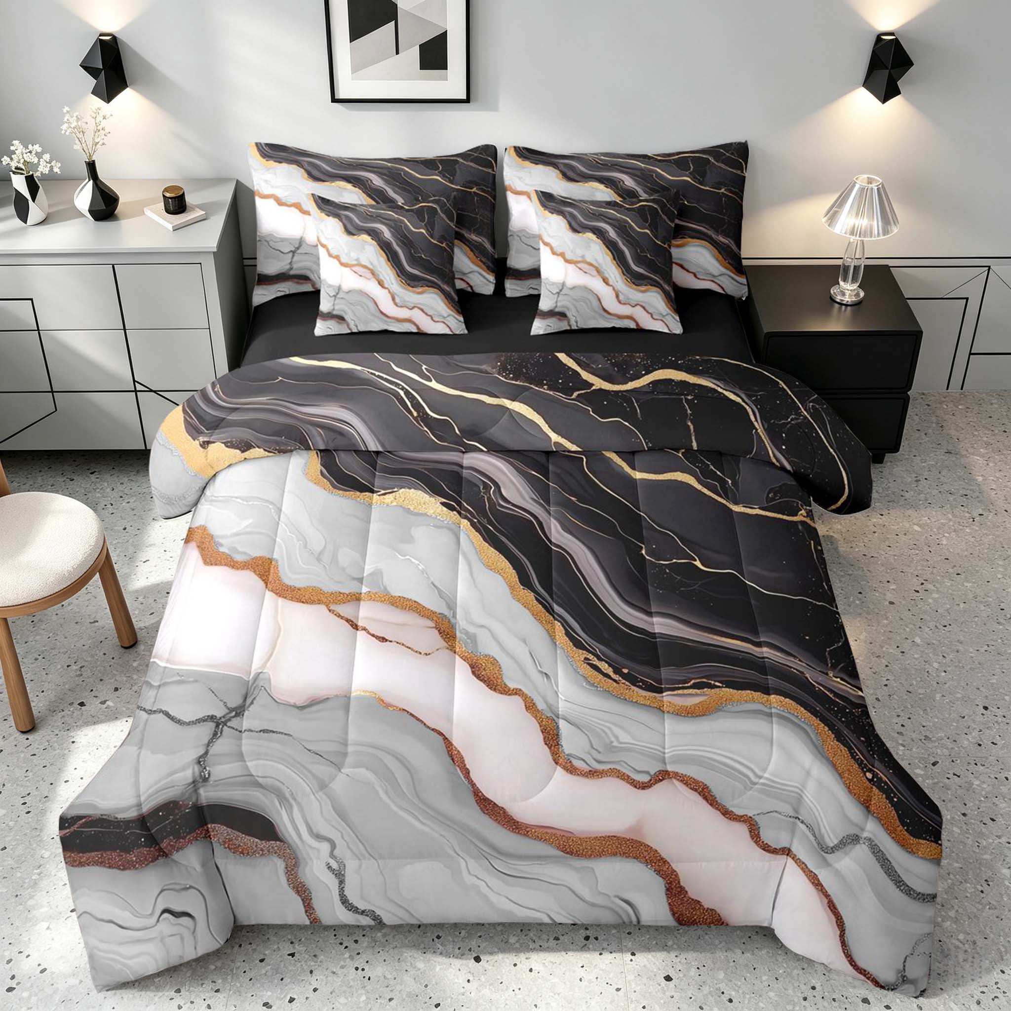 Manfei Aesthetic Marble King Bedding, Marbling Metallic King Bed in a ...