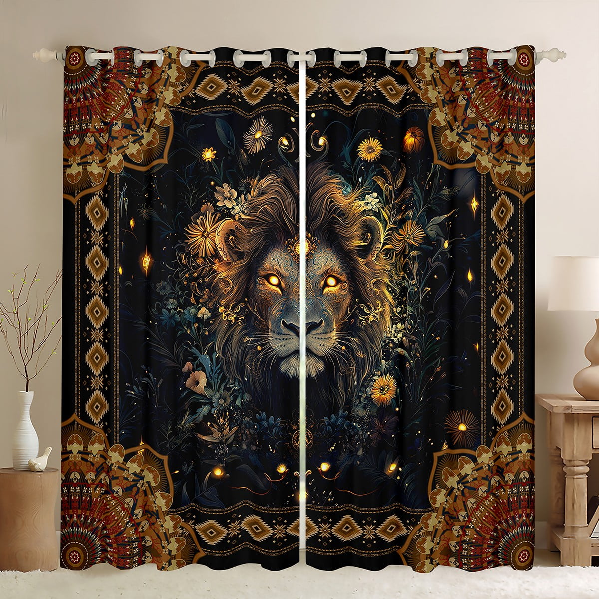 Manfei Afro Lion Black Out Curtains, Bohemian Mandala Floral Curtains Pack of 2 (42x63 Each ...