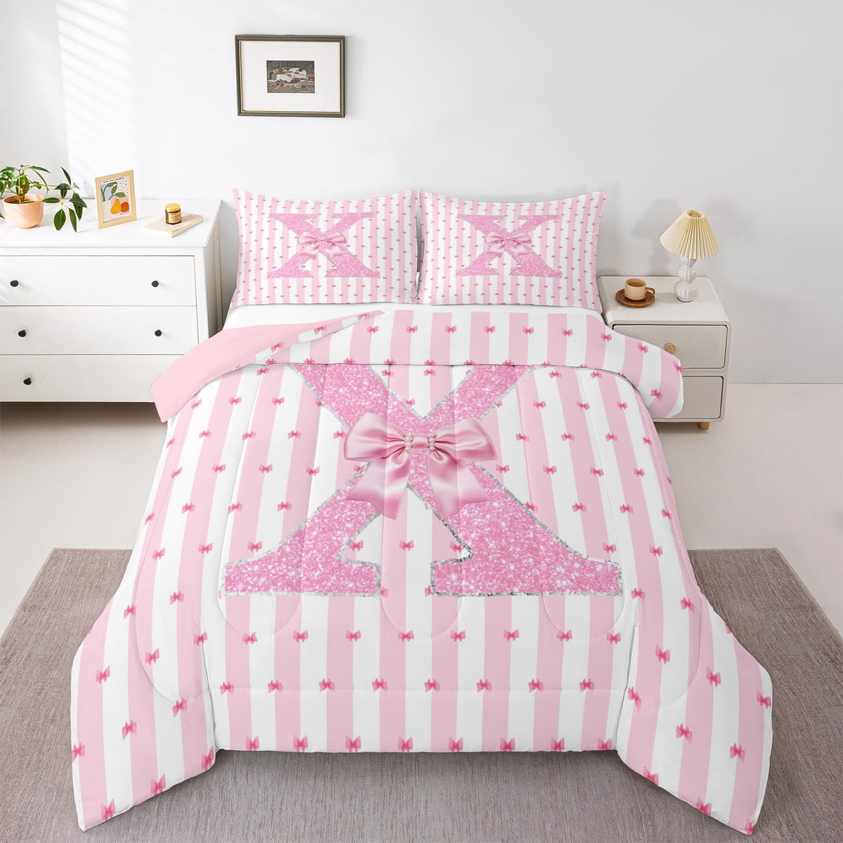 Manfei Alphabet Bowknot 3pcs King Size Comforter Sets,Pink White ...