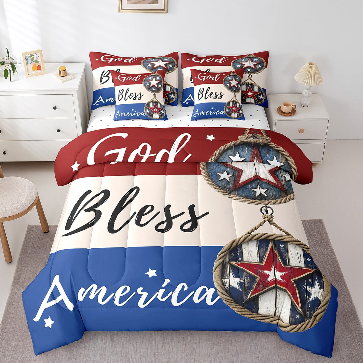 Manfei American Flag Bedding Queen Size,4Th Of July Comforter Sets with Sheets,Retro Graffiti ...