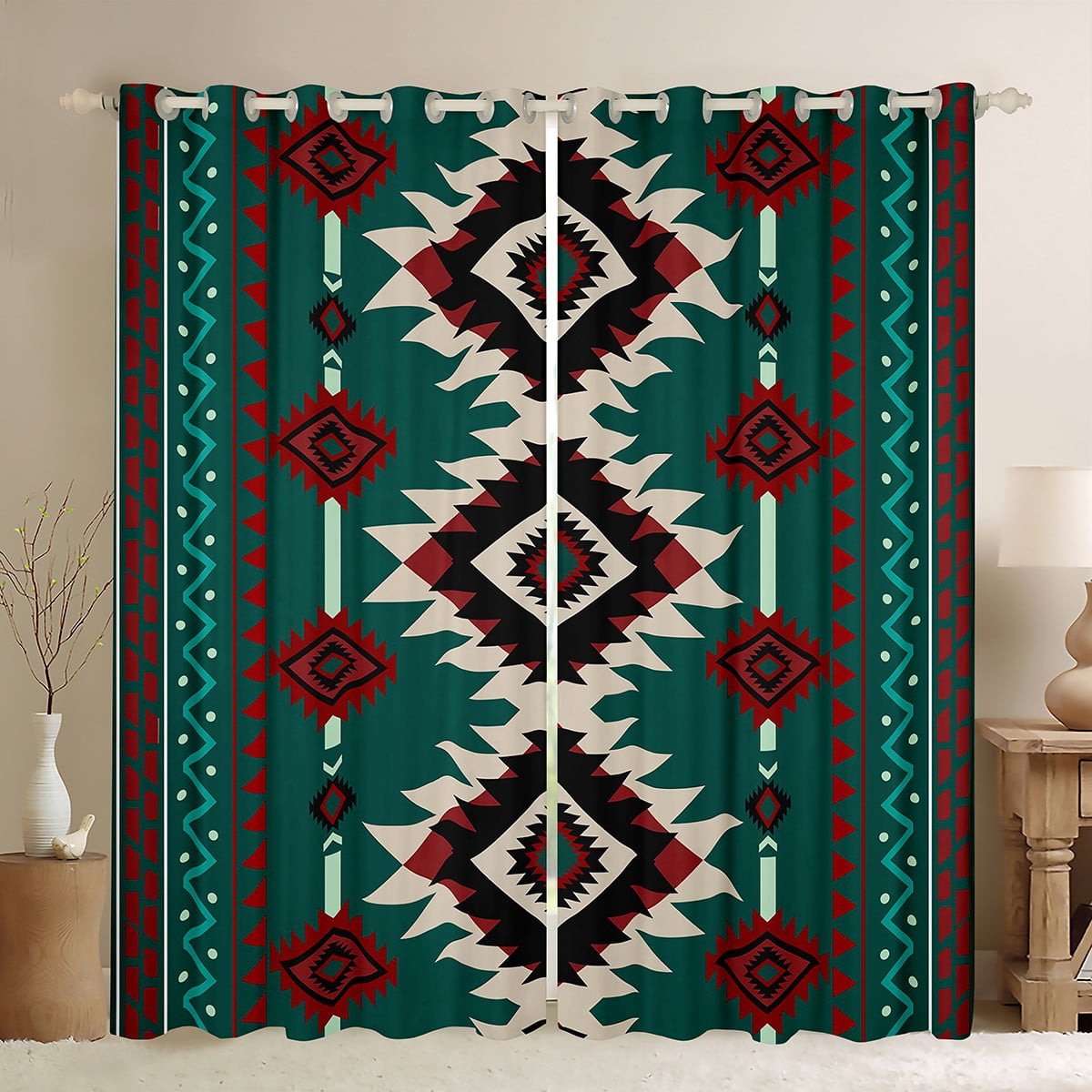 Manfei Ancient Aztec Curtains and Drapes (42x63),Red Geometrical ...