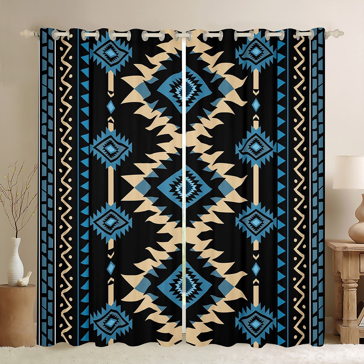 Manfei Ancient Aztec Curtains for Living Room,Blue Geometrical Geometry ...