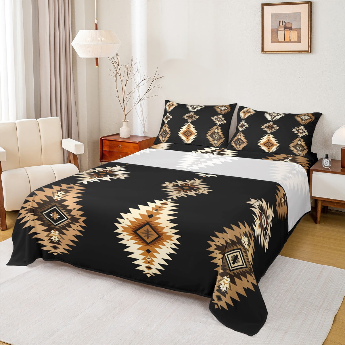 Manfei Ancient Aztec Theme Queen Sheet Sets,Vintage Rhombus Triangle ...