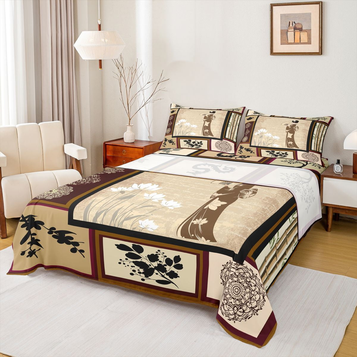Homewish Ancient Geisha Princess Bed Sheets, Lotus Flower Floral King ...