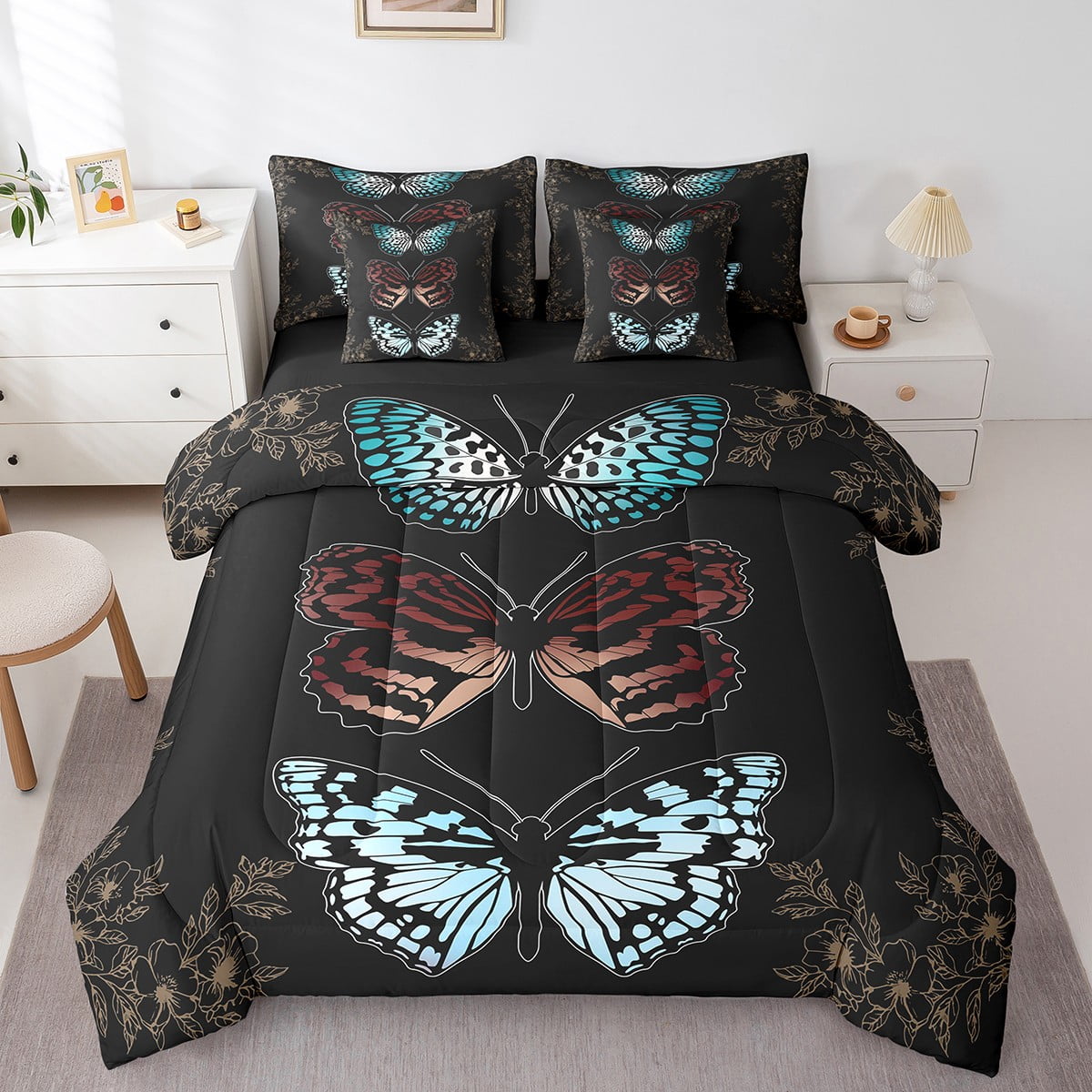 Manfei Animal Butterflies 7pcs Bedding Comforter Set,Chic Flower Queen ...