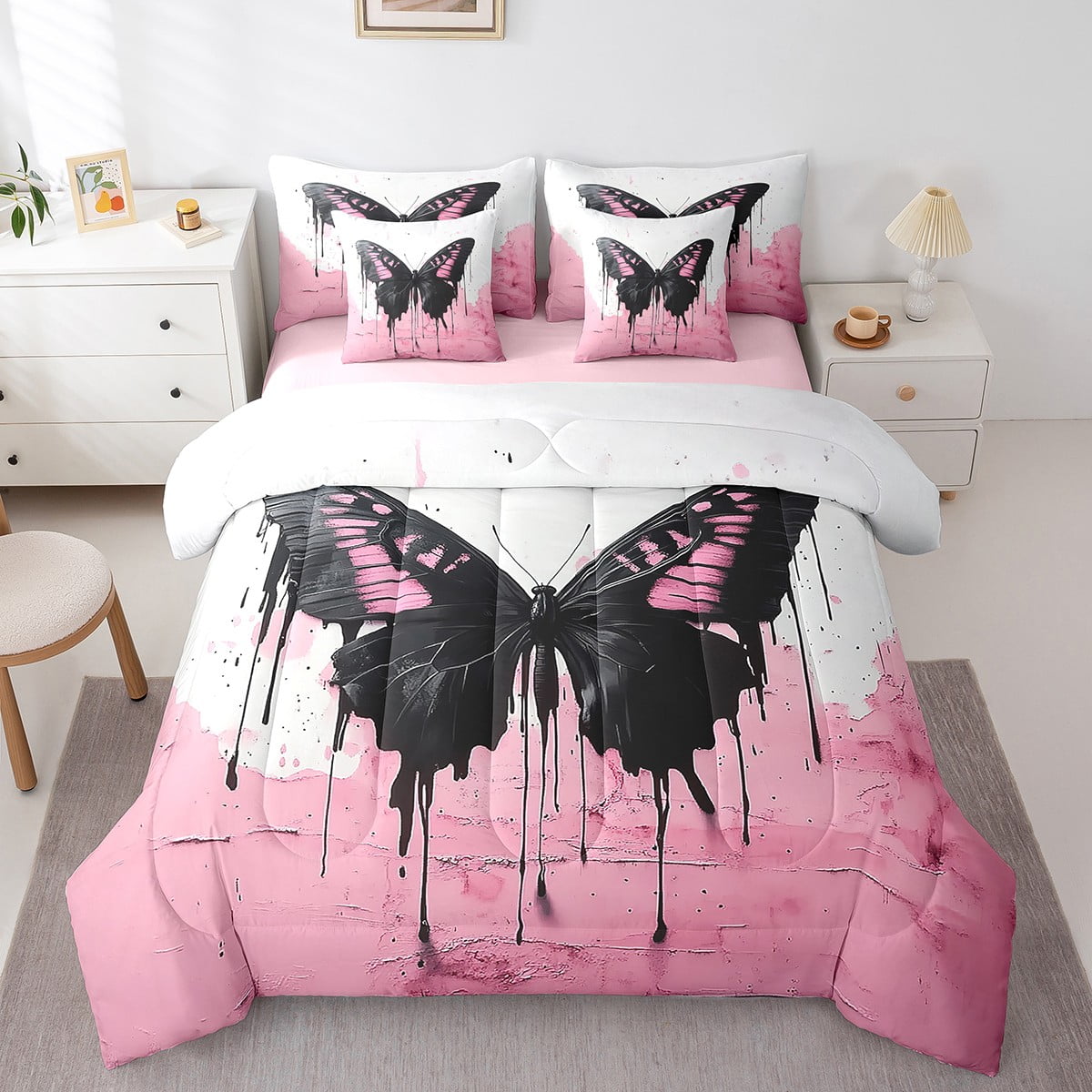 Manfei Animal Butterfly 7pcs Bedding Comforter Set,Black Pink Queen ...