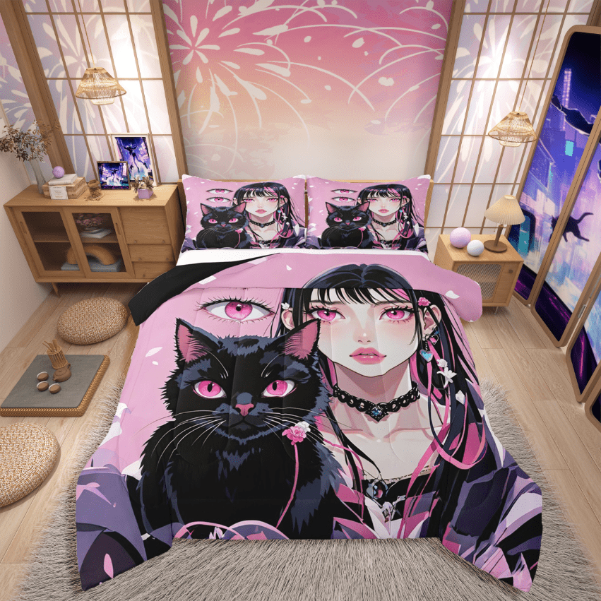 Manfei Animal Cat 3 Pieces Queen Comforter Set,Anime Girl Bedding Sets ...