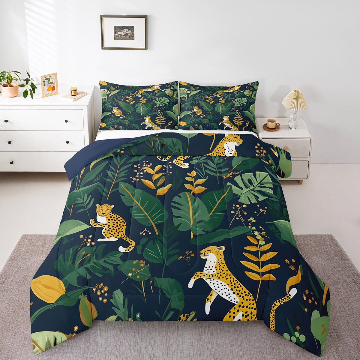 Manfei Animal Cheetah 3-Piece Full Size Comforter Sets,Botanical Plants ...