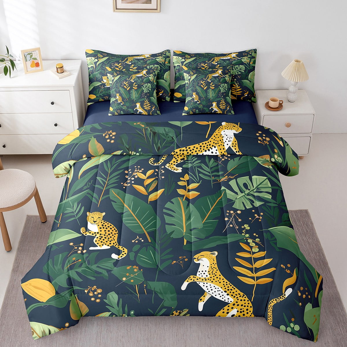 Manfei Animal Cheetah 7 Pieces Bedding Comforter Set,Botanical Plants ...