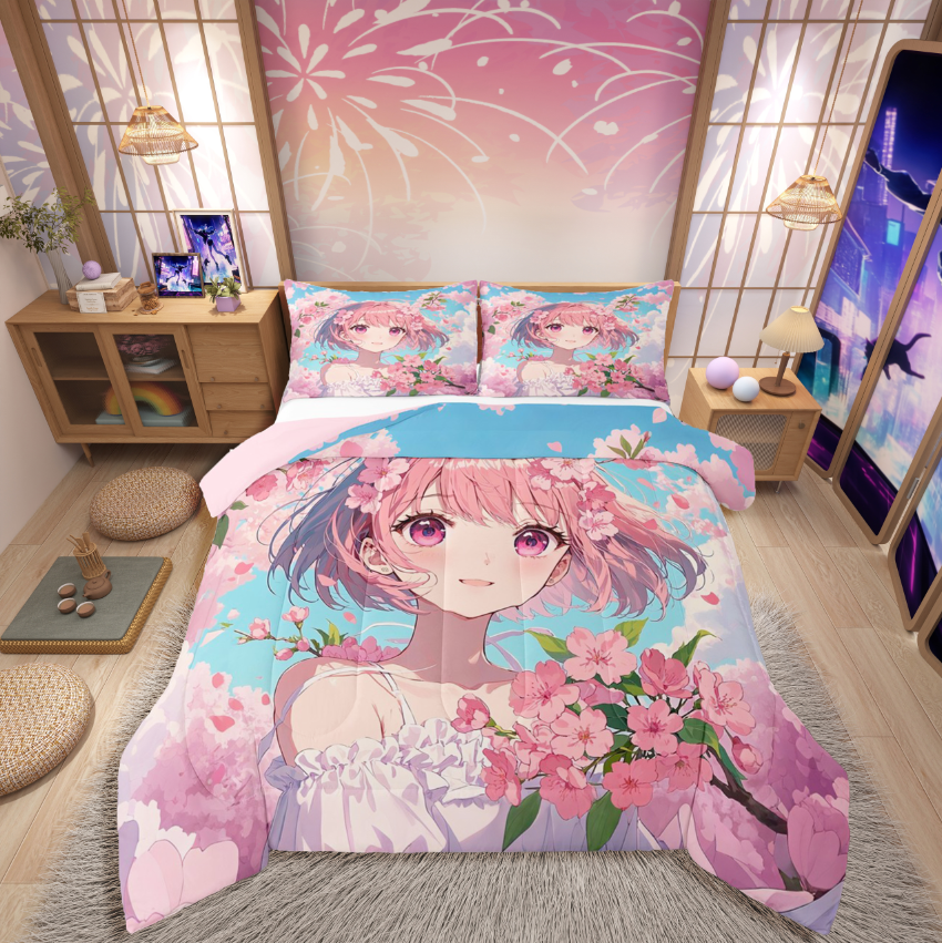 Manfei Anime Girl 2pcs Bedding Comforter Set,Cherry Blossom Twin ...