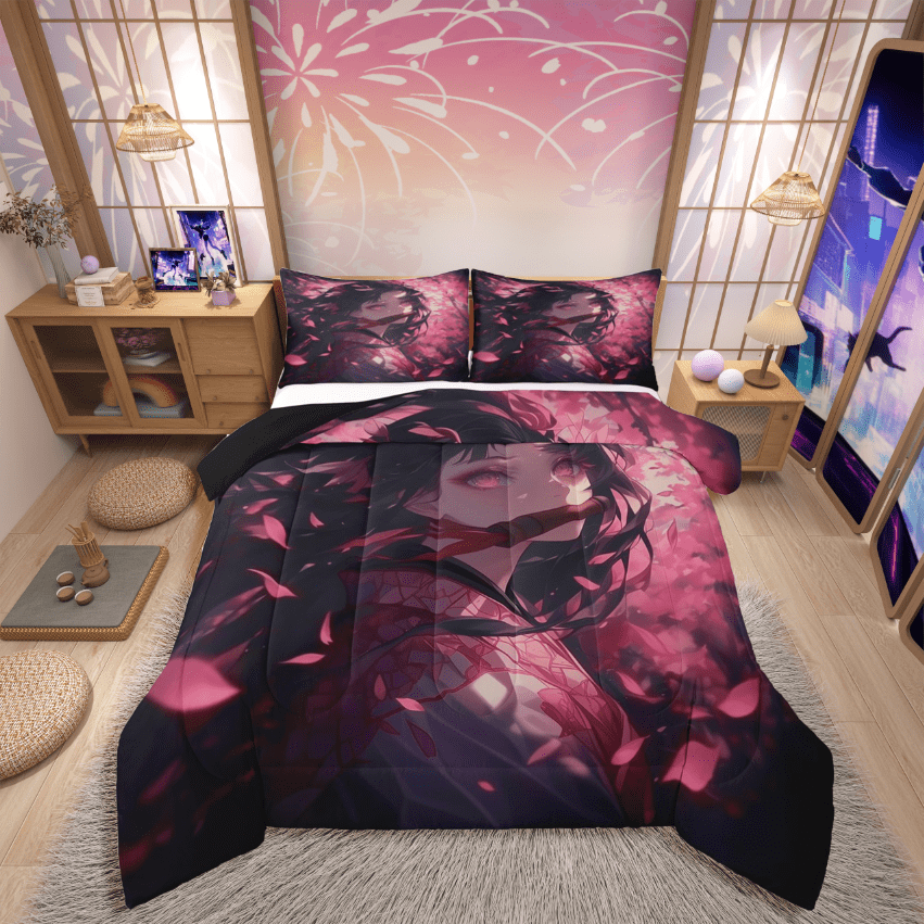 Manfei Anime Girl 3-Piece Full Size Comforter Sets,Cherry Blossom ...
