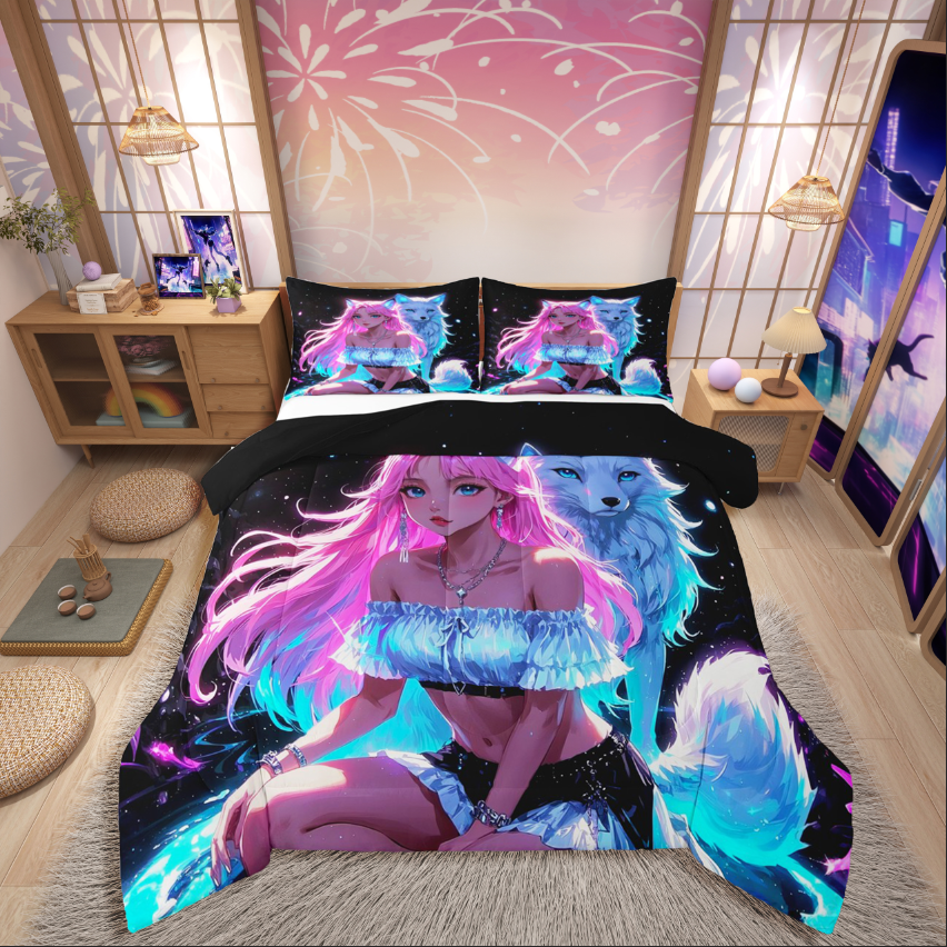 Manfei Anime Girl 3-Piece Full Size Comforter Sets,Japanese Style ...