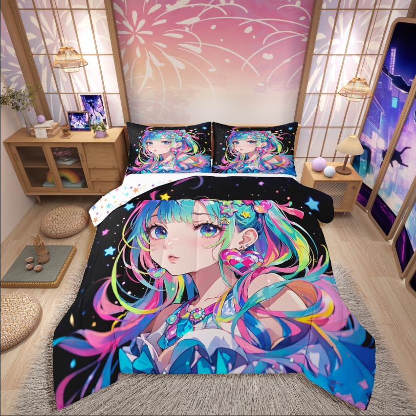 Manfei Anime Girl 3pcs King Size Comforter Sets,Cartoon Manga Bedding ...