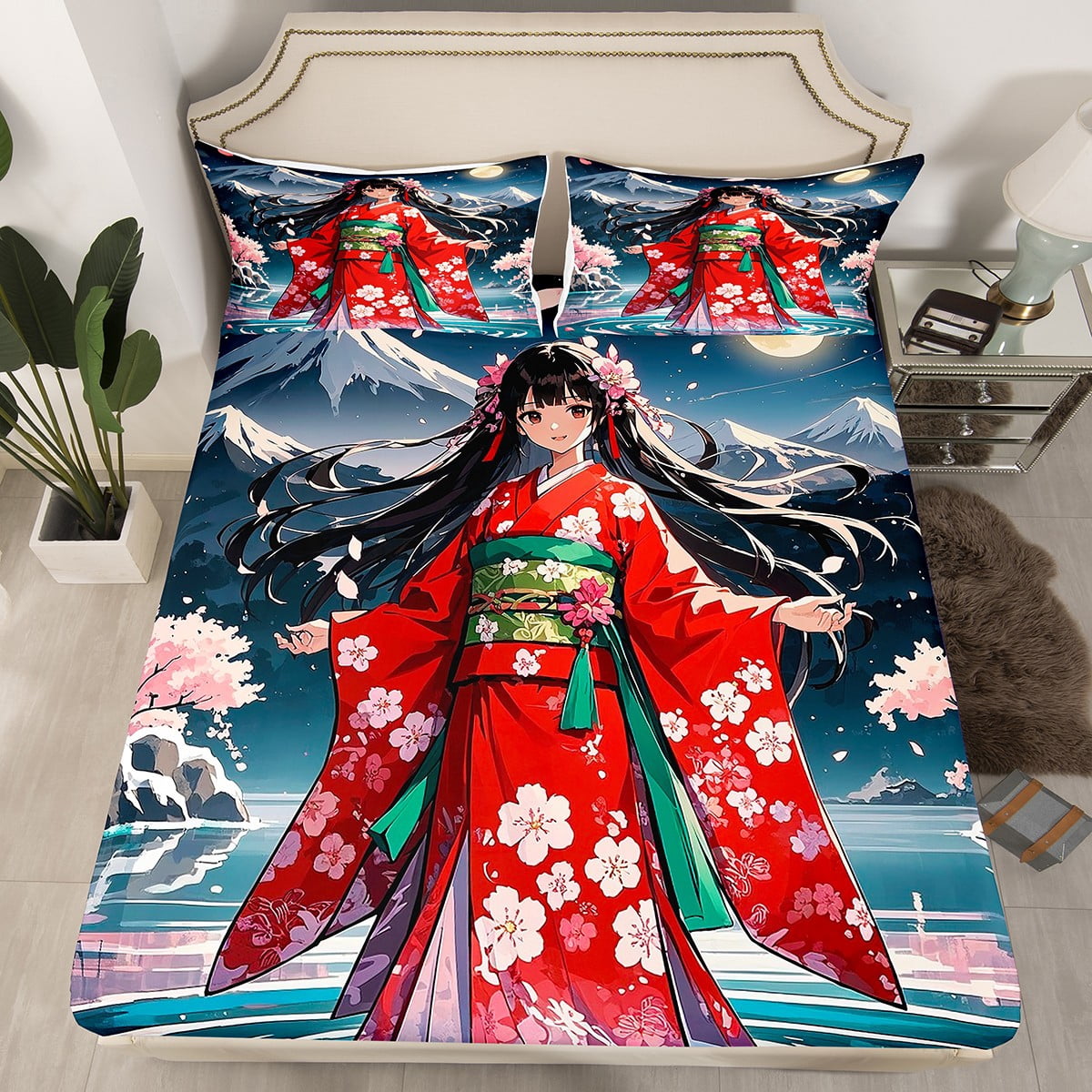 Manfei Anime Girl 4pcs Bed Sheets,Japanese Kimono King Sheets,Cherry ...