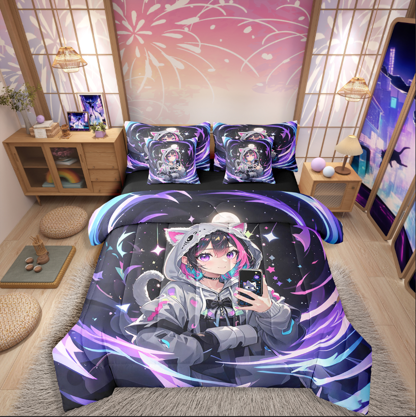 Manfei Anime Girl 7-Piece Bedding Comforter Set,Japanese Style King ...