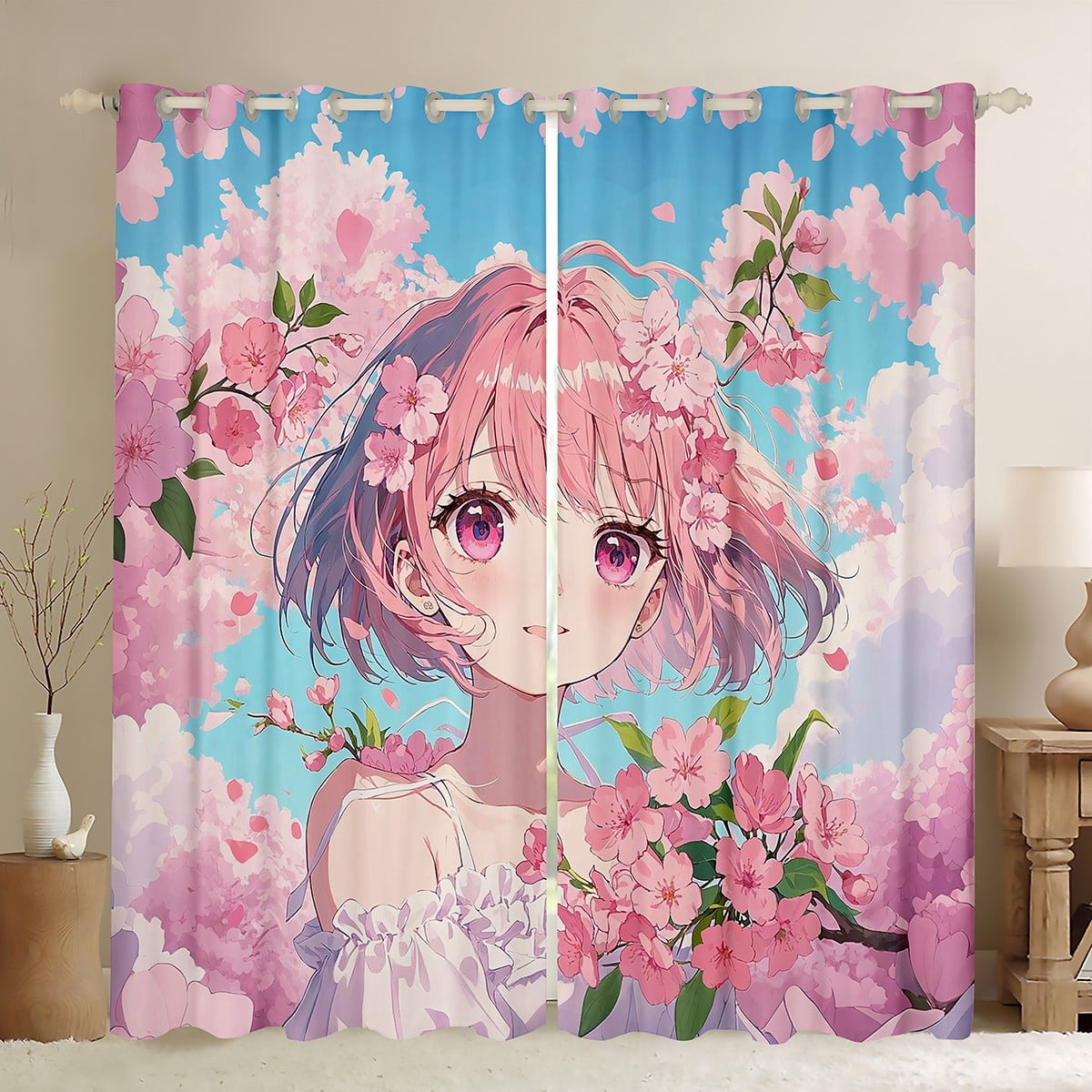Manfei Anime Girl Blackout Curtains,Cherry Blossom Curtains Pack of 2 ...