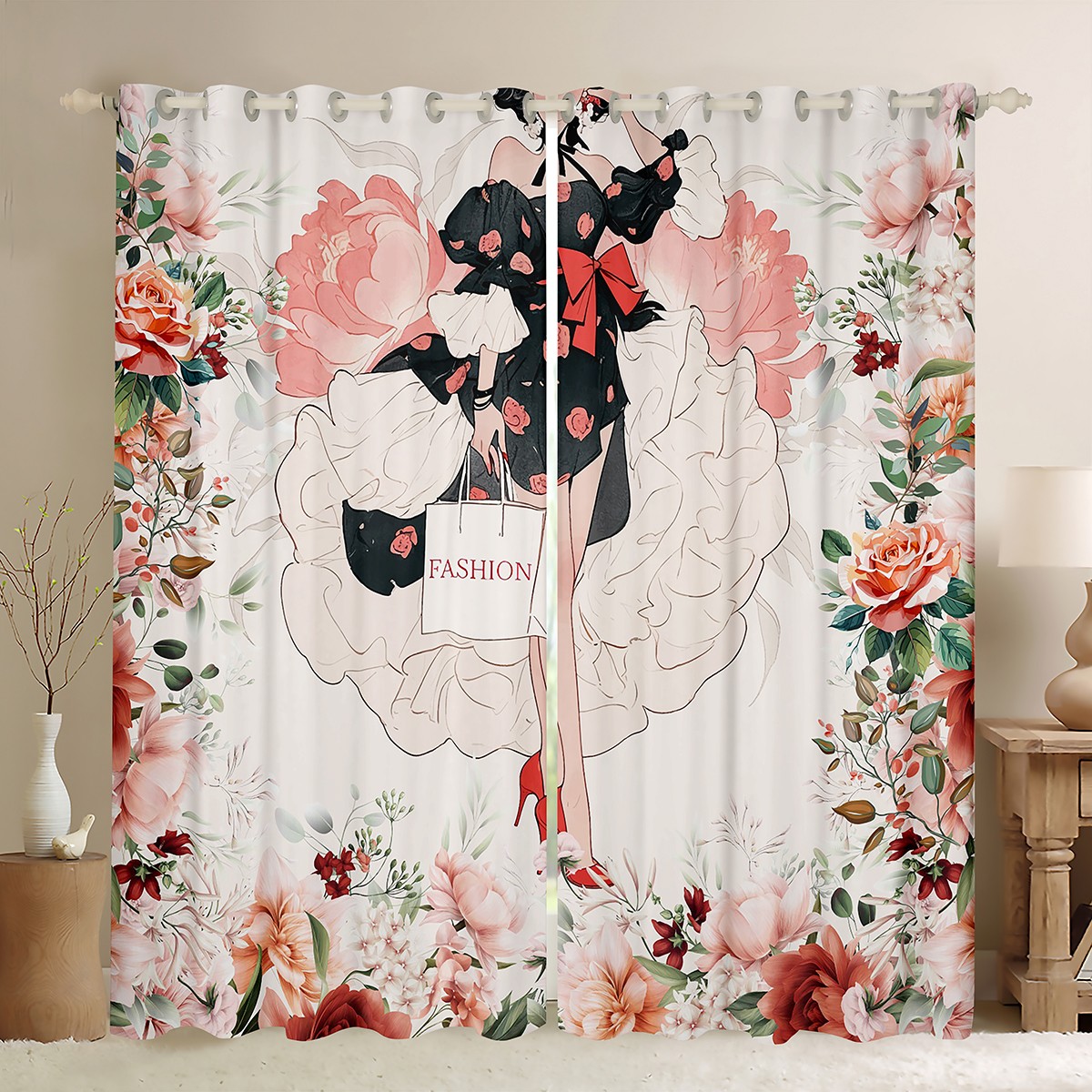Manfei Anime Girl Blackout Curtains Set of 2 (38x54 Each),Chic Flower ...