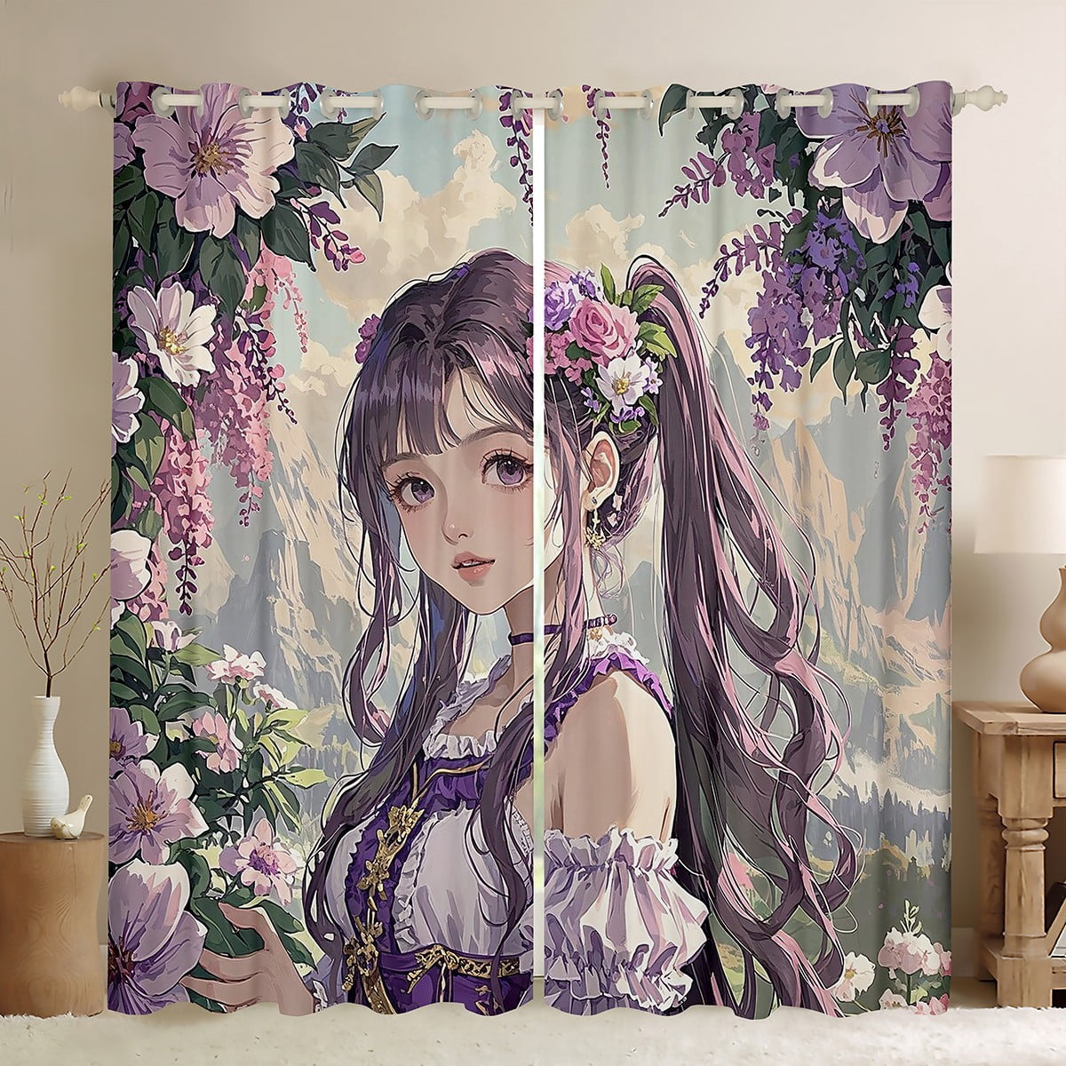 Manfei Anime Girl Blackout Curtains Set of 2 (38x54 Each),Purple Flower ...